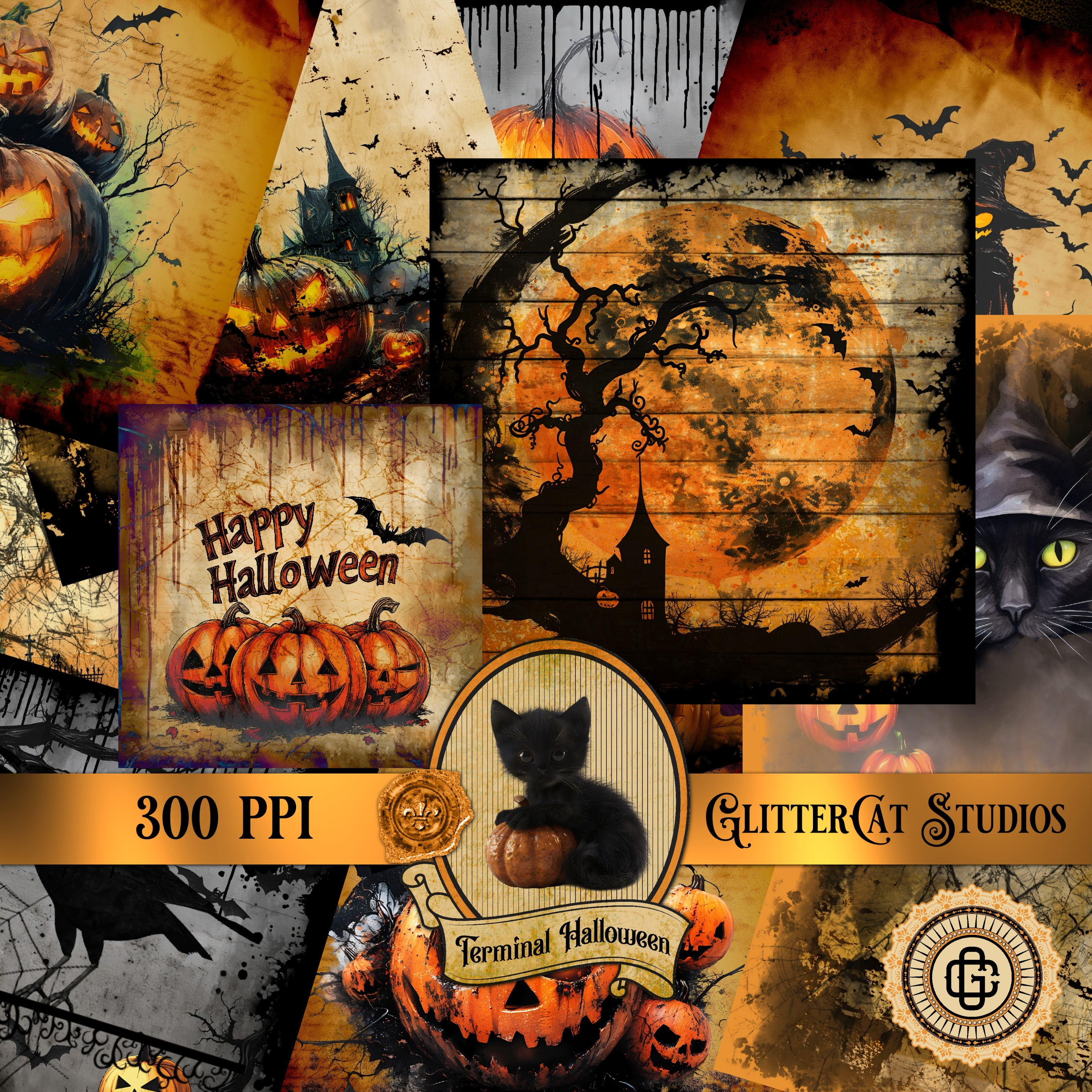 Digital paper pack: 12" x 12" halloween black, orange printable junk ...